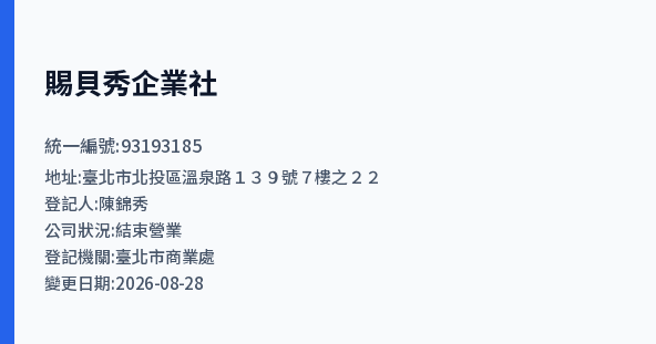 賜貝秀企業社的照片-統編 93193185(臺北市) 公司登記資料與營業項目詳細圖表