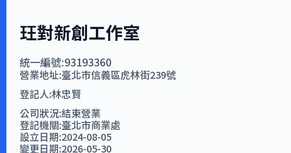 玨對新創工作室的照片-統編 93193360(臺北市) 公司登記資料與營業項目詳細圖表