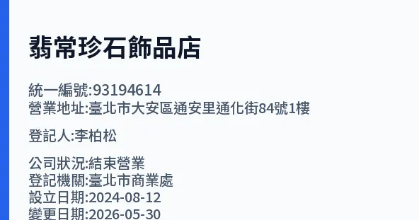 翡常珍石飾品店的照片-統編 93194614(臺北市) 公司登記資料與營業項目詳細圖表