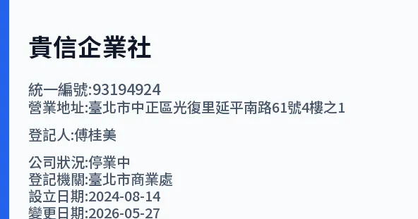 貴信企業社的照片-統編 93194924(臺北市) 公司登記資料與營業項目詳細圖表