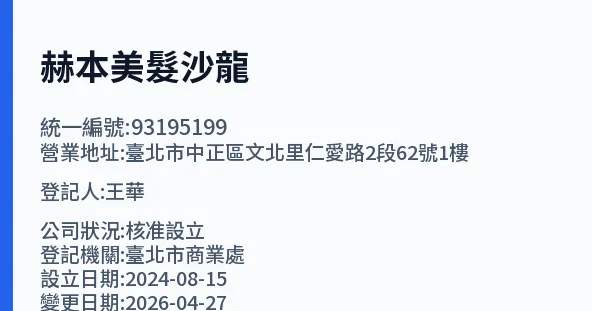 赫本美髮沙龍的照片-統編 93195199(臺北市) 公司登記資料與營業項目詳細圖表