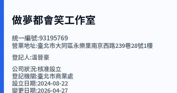 做夢都會笑工作室的照片-統編 93195769(臺北市) 公司登記資料與營業項目詳細圖表
