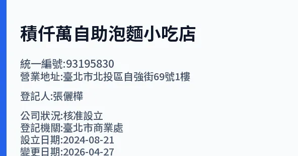 積仟萬自助泡麵小吃店的照片-統編 93195830(臺北市) 公司登記資料與營業項目詳細圖表
