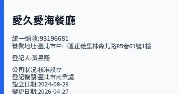 愛久愛海餐廳的照片-統編 93196681(臺北市) 公司登記資料與營業項目詳細圖表