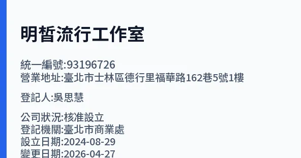 明皙流行工作室的照片-統編 93196726(臺北市) 公司登記資料與營業項目詳細圖表