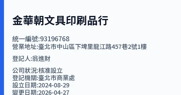 金華朝文具印刷品行的照片-統編 93196768(臺北市) 公司登記資料與營業項目詳細圖表