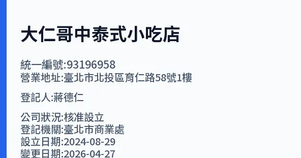 大仁哥中泰式小吃店的照片-統編 93196958(臺北市) 公司登記資料與營業項目詳細圖表