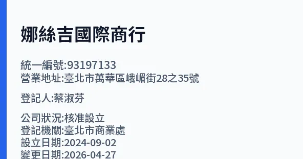 娜絲吉國際商行的照片-統編 93197133(臺北市) 公司登記資料與營業項目詳細圖表