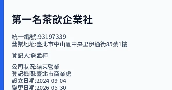第一名茶飲企業社的照片-統編 93197339(臺北市) 公司登記資料與營業項目詳細圖表