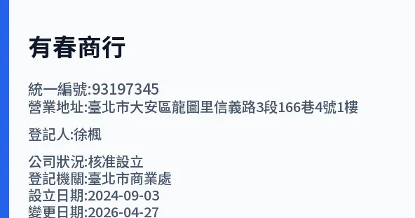 有春商行的照片-統編 93197345(臺北市) 公司登記資料與營業項目詳細圖表