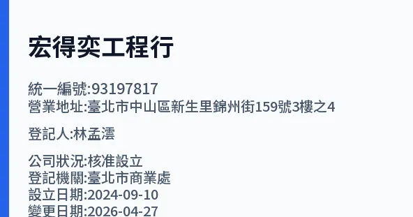宏得奕工程行的照片-統編 93197817(臺北市) 公司登記資料與營業項目詳細圖表