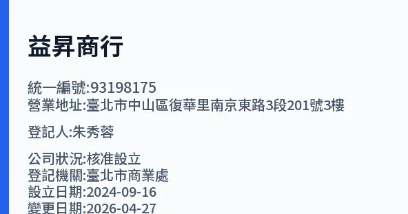 益昇商行的照片-統編 93198175(臺北市) 公司登記資料與營業項目詳細圖表