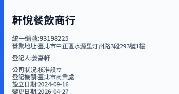 軒悅餐飲商行的照片-統編 93198225(臺北市) 公司登記資料與營業項目詳細圖表
