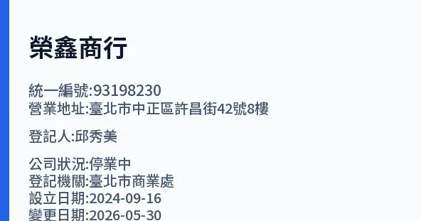 榮鑫商行的照片-統編 93198230(臺北市) 公司登記資料與營業項目詳細圖表