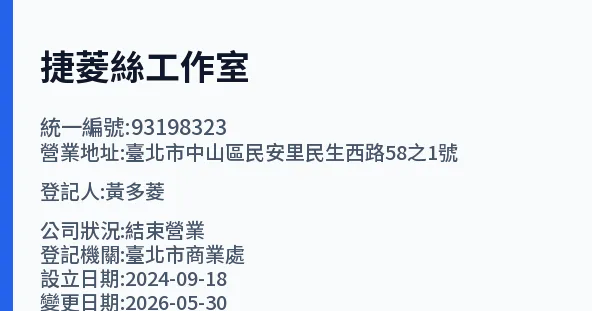捷菱絲工作室的照片-統編 93198323(臺北市) 公司登記資料與營業項目詳細圖表