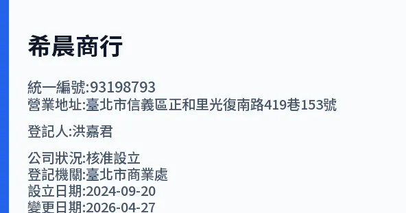 希晨商行的照片-統編 93198793(臺北市) 公司登記資料與營業項目詳細圖表