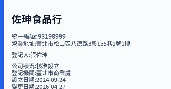 佐珅食品行的照片-統編 93198999(臺北市) 公司登記資料與營業項目詳細圖表