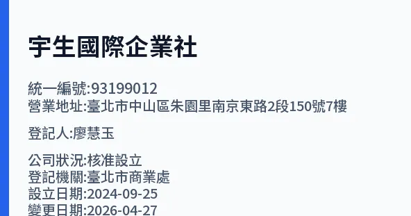 宇生國際企業社的照片-統編 93199012(臺北市) 公司登記資料與營業項目詳細圖表