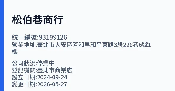 松伯巷商行的照片-統編 93199126(臺北市) 公司登記資料與營業項目詳細圖表