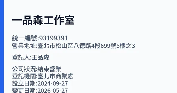 一品森工作室的照片-統編 93199391(臺北市) 公司登記資料與營業項目詳細圖表