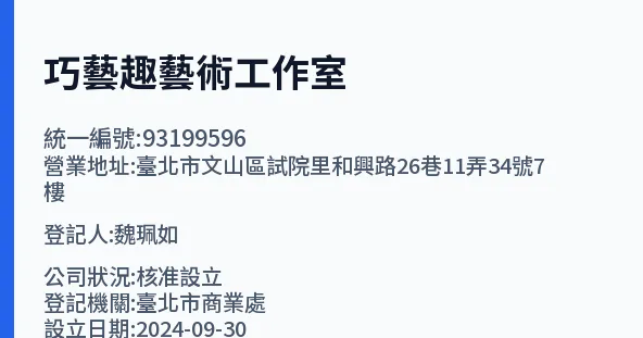 巧藝趣藝術工作室的照片-統編 93199596(臺北市) 公司登記資料與營業項目詳細圖表