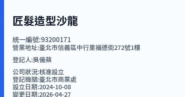 匠髮造型沙龍的照片-統編 93200171(臺北市) 公司登記資料與營業項目詳細圖表