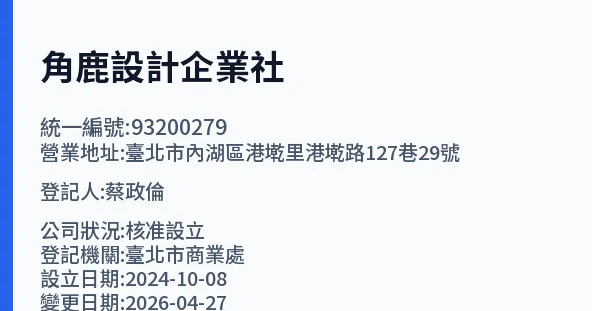 角鹿設計企業社的照片-統編 93200279(臺北市) 公司登記資料與營業項目詳細圖表
