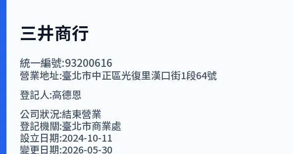三井商行的照片-統編 93200616(臺北市) 公司登記資料與營業項目詳細圖表