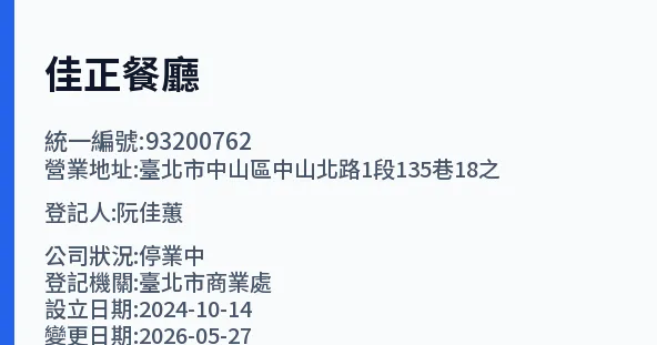 佳正餐廳的照片-統編 93200762(臺北市) 公司登記資料與營業項目詳細圖表