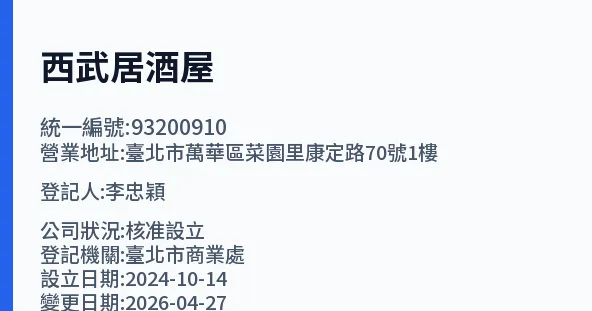 西武居酒屋的照片-統編 93200910(臺北市) 公司登記資料與營業項目詳細圖表