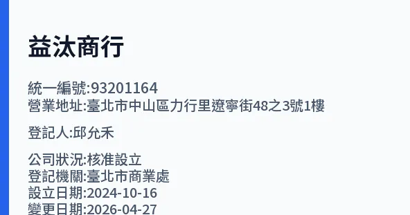 益汰商行的照片-統編 93201164(臺北市) 公司登記資料與營業項目詳細圖表
