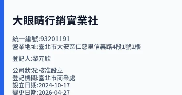 大眼睛行銷實業社的照片-統編 93201191(臺北市) 公司登記資料與營業項目詳細圖表