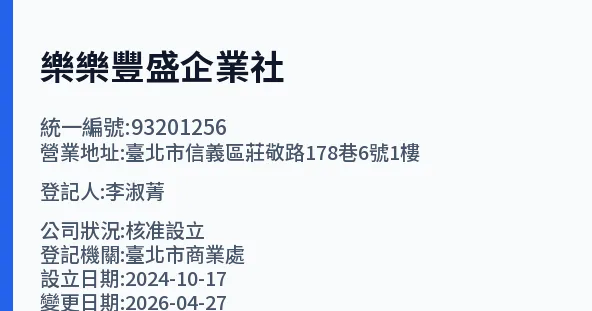 樂樂豐盛企業社的照片-統編 93201256(臺北市) 公司登記資料與營業項目詳細圖表