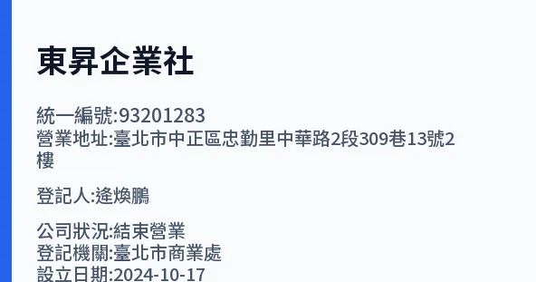 東昇企業社的照片-統編 93201283(臺北市) 公司登記資料與營業項目詳細圖表