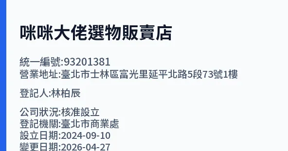 咪咪大佬選物販賣店的照片-統編 93201381(臺北市) 公司登記資料與營業項目詳細圖表