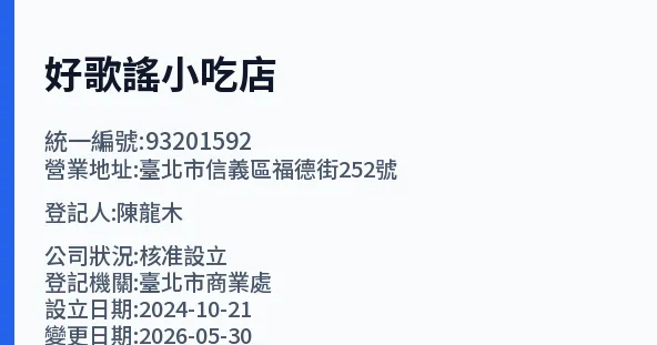 好歌謠小吃店的照片-統編 93201592(臺北市) 公司登記資料與營業項目詳細圖表