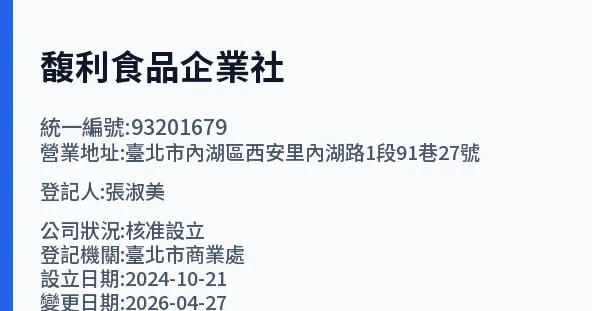 馥利食品企業社的照片-統編 93201679(臺北市) 公司登記資料與營業項目詳細圖表