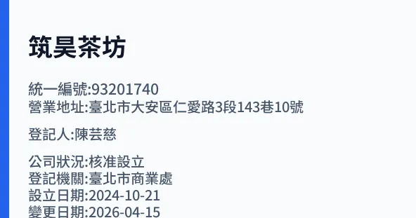 筑昊茶坊的照片-統編 93201740(臺北市) 公司登記資料與營業項目詳細圖表