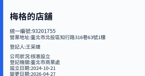 梅格的店舖的照片-統編 93201755(臺北市) 公司登記資料與營業項目詳細圖表