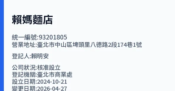 賴媽麵店的照片-統編 93201805(臺北市) 公司登記資料與營業項目詳細圖表