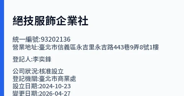 絕技服飾企業社的照片-統編 93202136(臺北市) 公司登記資料與營業項目詳細圖表
