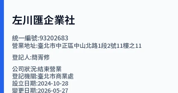 左川匯企業社的照片-統編 93202683(臺北市) 公司登記資料與營業項目詳細圖表