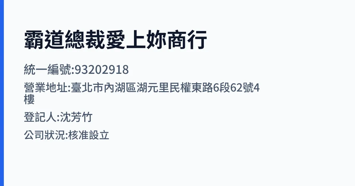 霸道總裁愛上妳商行 - 統編 93202918(臺北市) 公司登記資料與營業項目詳細圖表