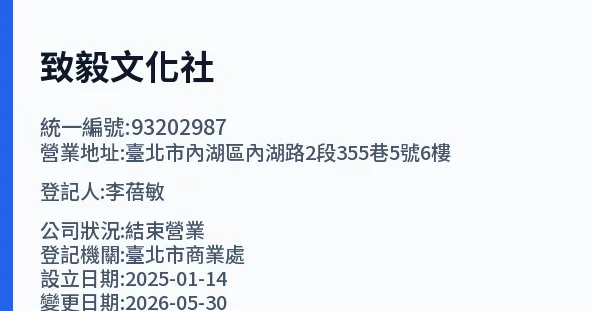 致毅文化社的照片-統編 93202987(臺北市) 公司登記資料與營業項目詳細圖表