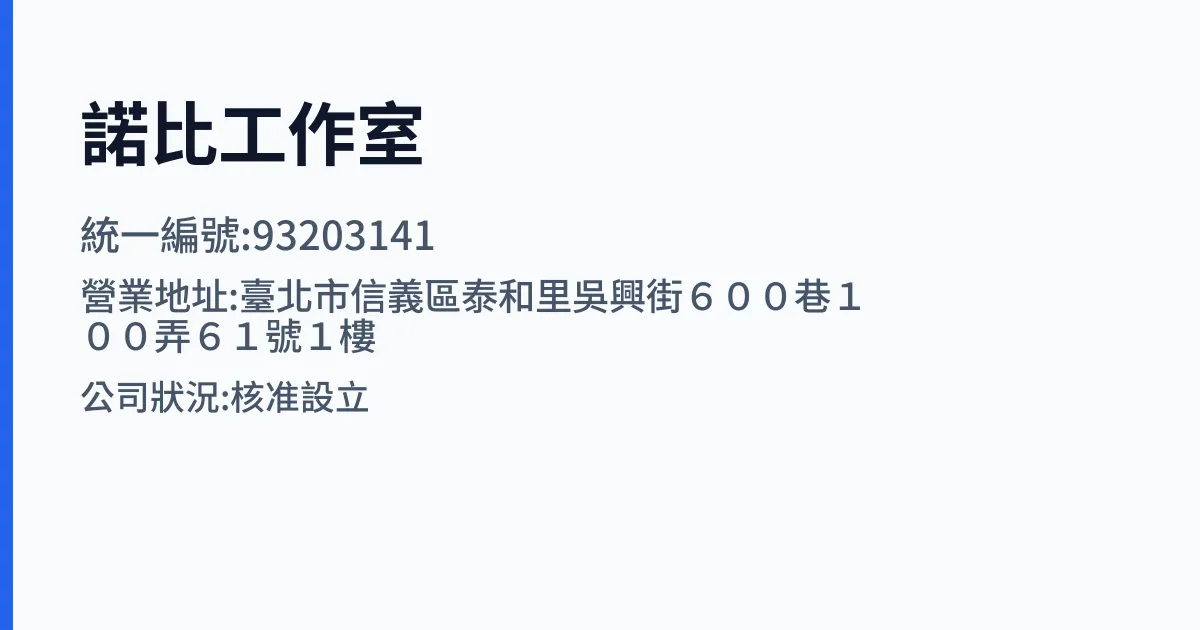 諾比工作室 - 統編 93203141(臺北市) 公司登記資料與營業項目詳細圖表