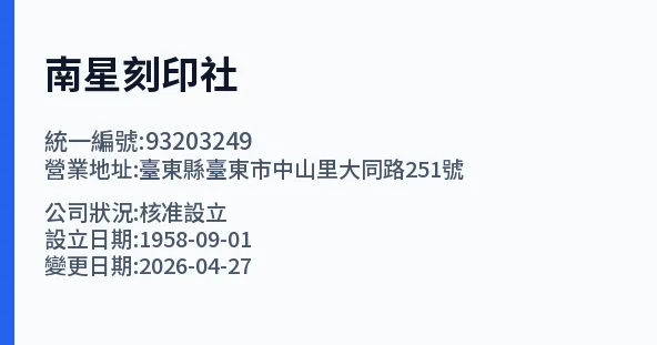 南星刻印社的照片-統編 93203249(臺東縣) 公司登記資料與營業項目詳細圖表