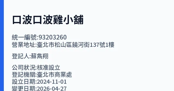 口波口波雞小舖的照片-統編 93203260(臺北市) 公司登記資料與營業項目詳細圖表