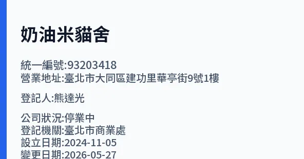 奶油米貓舍的照片-統編 93203418(臺北市) 公司登記資料與營業項目詳細圖表