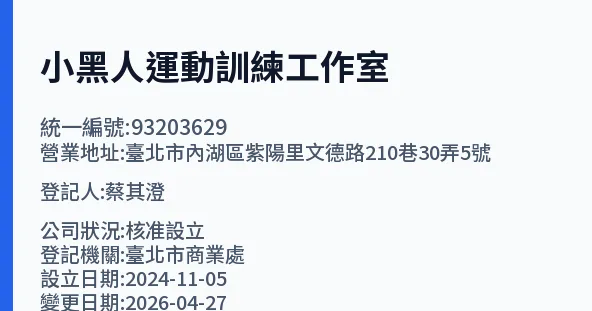 小黑人運動訓練工作室的照片-統編 93203629(臺北市) 公司登記資料與營業項目詳細圖表