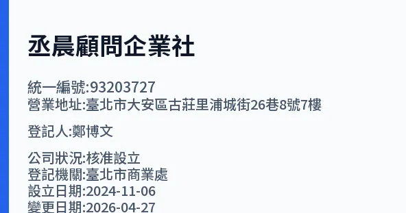丞晨顧問企業社的照片-統編 93203727(臺北市) 公司登記資料與營業項目詳細圖表